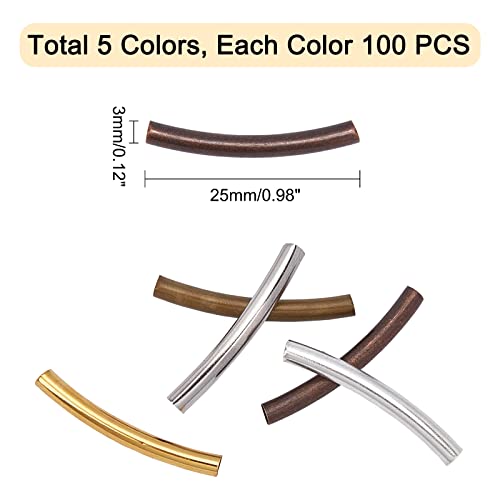 PH PandaHall 500pcs Tube Beads 25mm Noodle Tube Spacer Beads 5 Colors Long Curved Tube Beads Brass Tube Spacers for DIY Wrist Bracelet Anklet Necklace Earring Jewelry Making