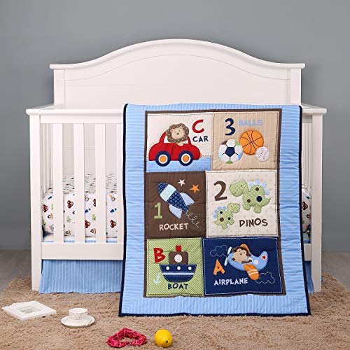 2 PCs Embroidery Car Sports Dinosaur Rocket Nursery Crib Bedding Set Quilt Fitted Sheet Blue Baby Boy Cot Bedding Set