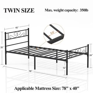 VECELO Twin Bed Frame with Headboard and Footboard, Strong Metal Slat Support & 12'' Underbed Storage Space, No Box Spring Needed, Black