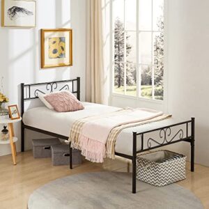 VECELO Twin Bed Frame with Headboard and Footboard, Strong Metal Slat Support & 12'' Underbed Storage Space, No Box Spring Needed, Black