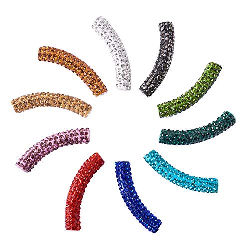 Craftdady 10pcs Mixed Colors Rhinestone Curved Noodle Tube Beads 45-46.5mm Large Hole Long Tube Metal Spacer Beads for Jewelry Making Hole: 4mm