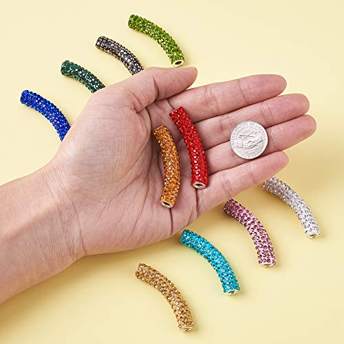 Craftdady 10pcs Mixed Colors Rhinestone Curved Noodle Tube Beads 45-46.5mm Large Hole Long Tube Metal Spacer Beads for Jewelry Making Hole: 4mm