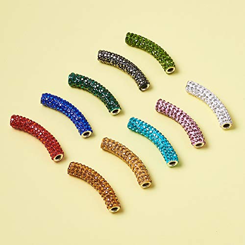 Craftdady 10pcs Mixed Colors Rhinestone Curved Noodle Tube Beads 45-46.5mm Large Hole Long Tube Metal Spacer Beads for Jewelry Making Hole: 4mm