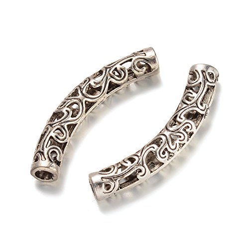 KISSITTY 100-Piece Antique Silver 6mm by 36.5mm Filigree Long Curved Noodle Tube Spacer Beads with 3mm Holes