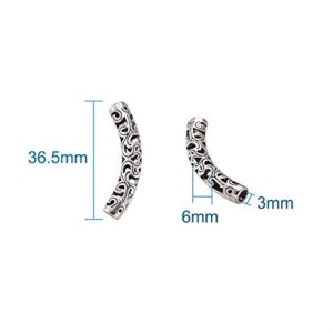 KISSITTY 100-Piece Antique Silver 6mm by 36.5mm Filigree Long Curved Noodle Tube Spacer Beads with 3mm Holes