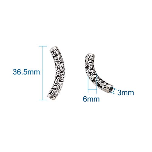 KISSITTY 100-Piece Antique Silver 6mm by 36.5mm Filigree Long Curved Noodle Tube Spacer Beads with 3mm Holes