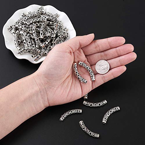 KISSITTY 100-Piece Antique Silver 6mm by 36.5mm Filigree Long Curved Noodle Tube Spacer Beads with 3mm Holes