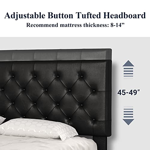 Allewie Queen Bed Frame with Adjustable Diamond Stitched Button Tufted Headboard/Faux Leather Upholstered Platform Bed with Easy-Assembly Wood slats, Black