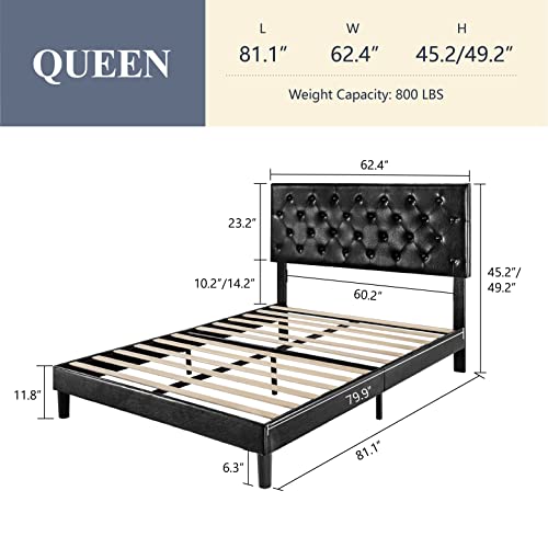 Allewie Queen Bed Frame with Adjustable Diamond Stitched Button Tufted Headboard/Faux Leather Upholstered Platform Bed with Easy-Assembly Wood slats, Black