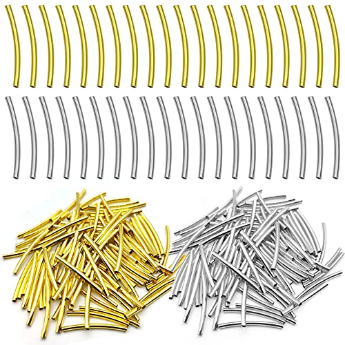 200Pcs Curved Noodle Tube Spacer Beads Tarnish Resistant Noodles Beads Brass Tube Beads Long Curved Tube DIY Jewelry Making(Gold,White K)