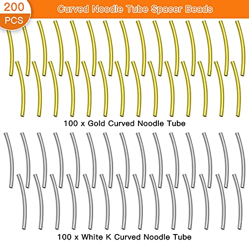 200Pcs Curved Noodle Tube Spacer Beads Tarnish Resistant Noodles Beads Brass Tube Beads Long Curved Tube DIY Jewelry Making(Gold,White K)