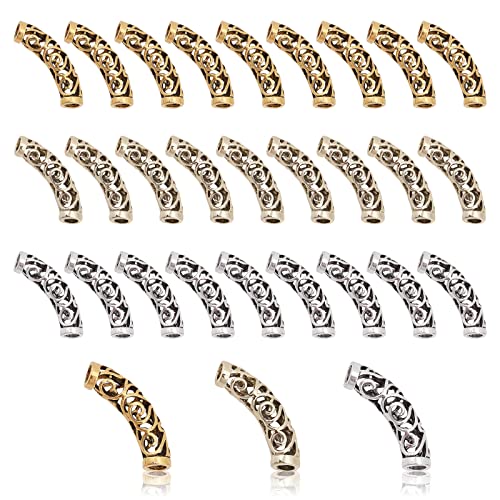 PH PandaHall 3 Colors Curved Tube Beads, 30pcs Twist Tube Slide 32mm Metal Loose Spacers Hollow Noodle Beads Tibetan Style Beads for Jewelry Necklace Bracelet Making, Hole: 4mm