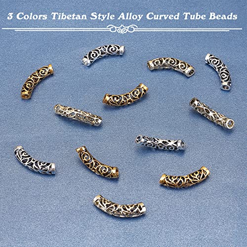 PH PandaHall 3 Colors Curved Tube Beads, 30pcs Twist Tube Slide 32mm Metal Loose Spacers Hollow Noodle Beads Tibetan Style Beads for Jewelry Necklace Bracelet Making, Hole: 4mm