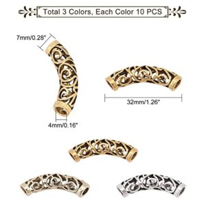 PH PandaHall 3 Colors Curved Tube Beads, 30pcs Twist Tube Slide 32mm Metal Loose Spacers Hollow Noodle Beads Tibetan Style Beads for Jewelry Necklace Bracelet Making, Hole: 4mm