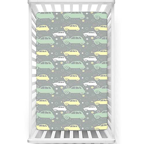 Cars Themed Fitted Crib Sheet,Standard Crib Mattress Fitted Sheet Soft Toddler Mattress Sheet Fitted-Baby Crib Sheets for Girl or Boy, 28“ x52“,Mint Green Pale Yellow and Grey