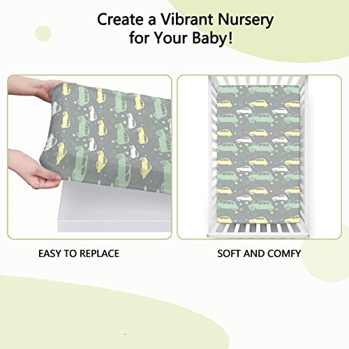 Cars Themed Fitted Crib Sheet,Standard Crib Mattress Fitted Sheet Soft Toddler Mattress Sheet Fitted-Baby Crib Sheets for Girl or Boy, 28“ x52“,Mint Green Pale Yellow and Grey