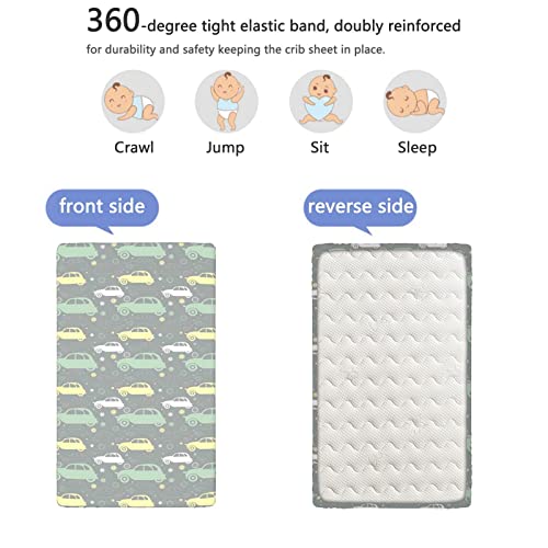 Cars Themed Fitted Crib Sheet,Standard Crib Mattress Fitted Sheet Soft Toddler Mattress Sheet Fitted-Baby Crib Sheets for Girl or Boy, 28“ x52“,Mint Green Pale Yellow and Grey