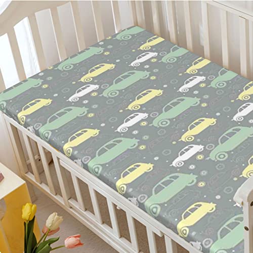 Cars Themed Fitted Crib Sheet,Standard Crib Mattress Fitted Sheet Soft Toddler Mattress Sheet Fitted-Baby Crib Sheets for Girl or Boy, 28“ x52“,Mint Green Pale Yellow and Grey