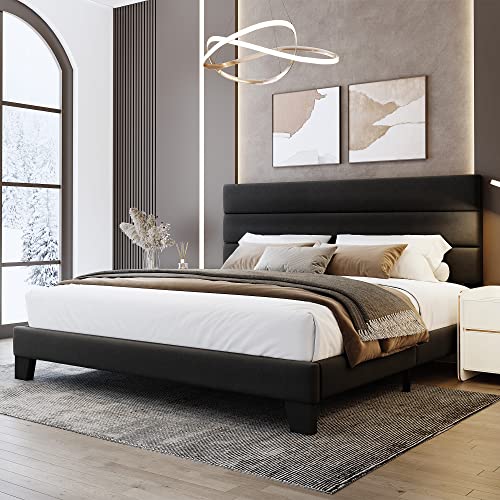 WEEWAY King Bed Frame Platform Bed with Velvet Upholstered Headboard and Wooden Slats Support, Heavy Duty Mattress Foundation, No Box Spring Needed, Easy Assembly, Black