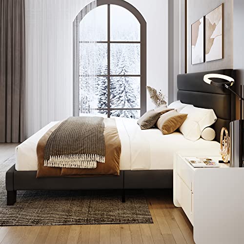 WEEWAY King Bed Frame Platform Bed with Velvet Upholstered Headboard and Wooden Slats Support, Heavy Duty Mattress Foundation, No Box Spring Needed, Easy Assembly, Black