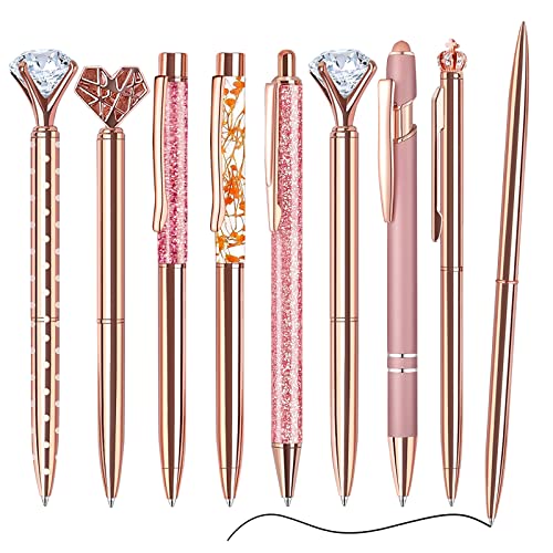 Airevesket 9 PCS Rose Gold Ballpoint Pen Set, Rose Gold Desk Accessories, Crystal Diamond Pen Black Ink Rose Gold Pens, Metal Ballpoint Pens for Office Gifts Wedding Gifts Party Supplies(Rose Gold)