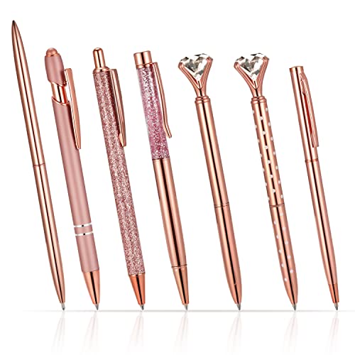 7pcs Rose Gold Ballpoint Pen, Crystal Metal Rose Gold Pens Black Ink Fine Point Tip Diamond Pens Rose Gold Glitter Ballpoint Pens for Wedding Home School Office Supplies