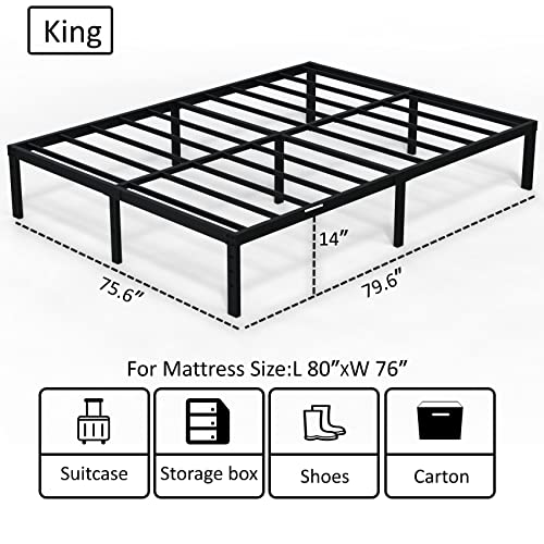 EMODA 14 Inch King Bed Frame No Box Spring Needed, Heavy Duty Metal Platform with Steal Slats, Noise Free, Easy Assembly, Black