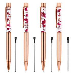 ubabe rose gold ballpoint pen,4 pieces metal ball pens dynamic liquid flower pen black ink pen refills for office rose gold desk supplies