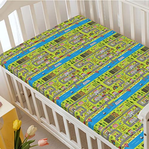 Car Race Track Themed Fitted Crib Sheet,Standard Crib Mattress Fitted Sheet Ultra Soft Material-Baby Sheet for Boys Girls, 28“ x52“,Multicolor