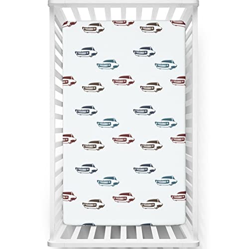 Cars Themed Fitted Crib Sheet,Standard Crib Mattress Fitted Sheet Ultra Soft Material-Baby Sheet for Boys Girls, 28“ x52“,Burgundy Brown Blue