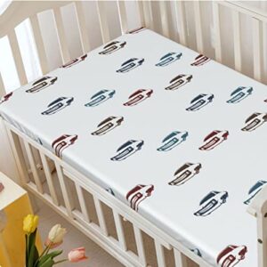 Cars Themed Fitted Crib Sheet,Standard Crib Mattress Fitted Sheet Ultra Soft Material-Baby Sheet for Boys Girls, 28“ x52“,Burgundy Brown Blue