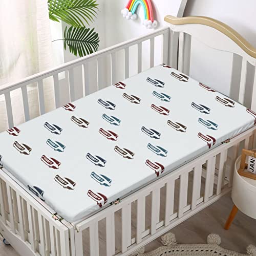 Cars Themed Fitted Crib Sheet,Standard Crib Mattress Fitted Sheet Ultra Soft Material-Baby Sheet for Boys Girls, 28“ x52“,Burgundy Brown Blue