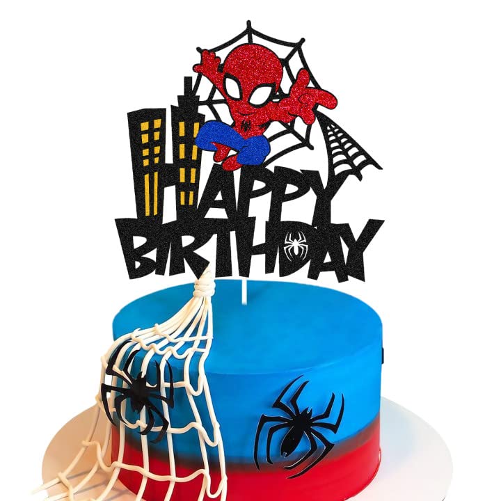 Spider Birthday Cake Topper Spider Cartoon Movie Themed Happy Birthday Cake Decorations for Men Boy Children Bday Party Supplies Double Sided Glitter Black Décor