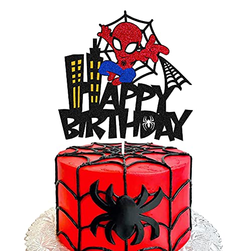 Spider Birthday Cake Topper Spider Cartoon Movie Themed Happy Birthday Cake Decorations for Men Boy Children Bday Party Supplies Double Sided Glitter Black Décor