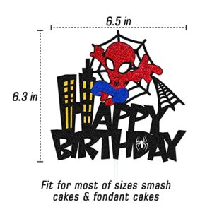 Spider Birthday Cake Topper Spider Cartoon Movie Themed Happy Birthday Cake Decorations for Men Boy Children Bday Party Supplies Double Sided Glitter Black Décor