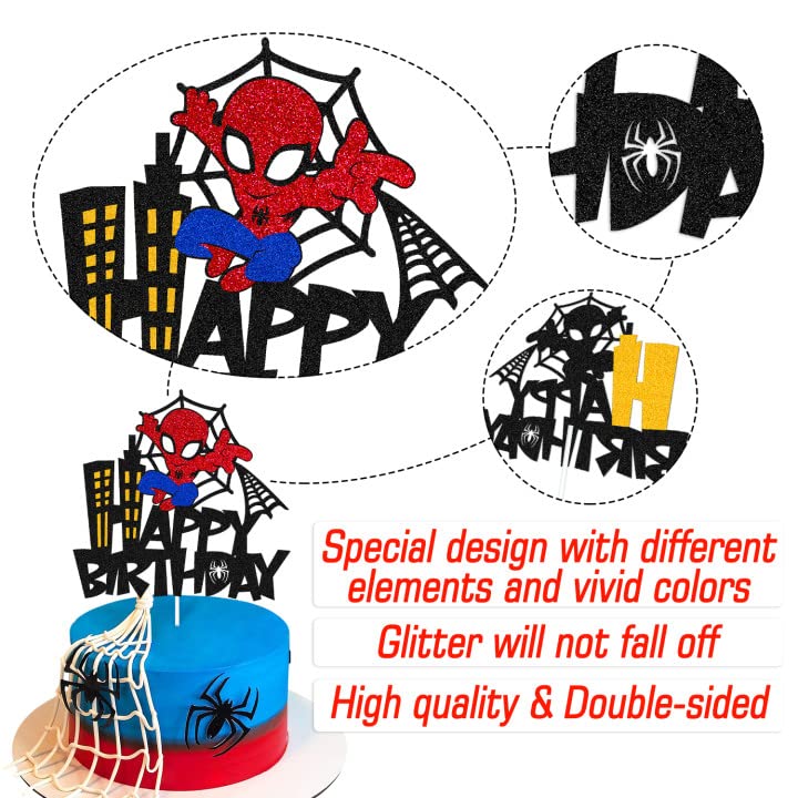 Spider Birthday Cake Topper Spider Cartoon Movie Themed Happy Birthday Cake Decorations for Men Boy Children Bday Party Supplies Double Sided Glitter Black Décor