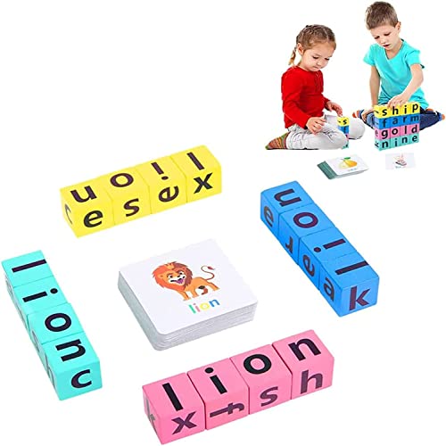 Crossword Puzzle, Matching Letter Game, Premium Wooden Alphabet Flash Cards Matching Sight Words ABC Letters, Wooden Blocks Spelling Game,Wooden Fun Spelling Words with Cards,for Ages 3-5 Kids (1 Set)