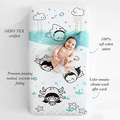 Rookie Humans 100% Cotton Sateen Fitted Crib Sheet: Dive in, Modern Nursery, Use as a Photo Background for Your Baby Pictures. Standard Crib Size (52 x 28 inches)