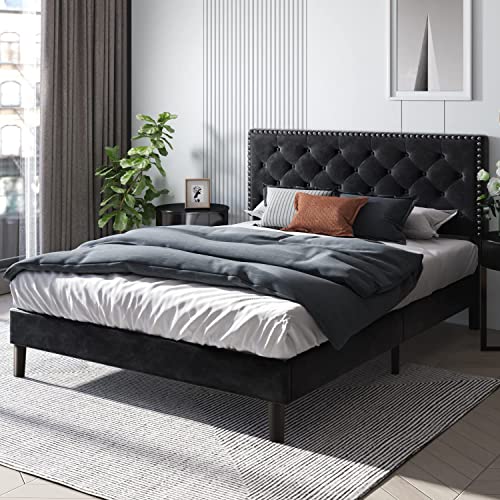 HOMBCK Upholstered Bed Frame Queen with Button Tufted Headboard, Queen Bed Frame No Box Spring Needed, Under Bed Storage, Wooden Slats Support, Noise-Free, Easy Assembly, Black