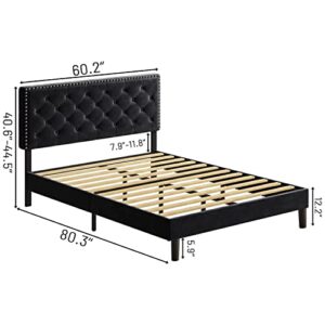 HOMBCK Upholstered Bed Frame Queen with Button Tufted Headboard, Queen Bed Frame No Box Spring Needed, Under Bed Storage, Wooden Slats Support, Noise-Free, Easy Assembly, Black