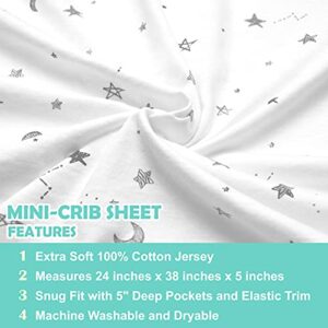 American Baby Company Printed 100% Natural Cotton Jersey Knit Fitted Portable/Mini-Crib Sheet, Grey Stars and Zigzag, Soft Breathable, for Boys and Girls, Pack of 2