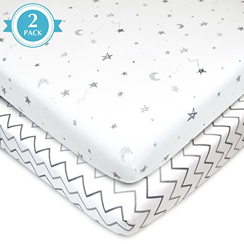 American Baby Company Printed 100% Natural Cotton Jersey Knit Fitted Portable/Mini-Crib Sheet, Grey Stars and Zigzag, Soft Breathable, for Boys and Girls, Pack of 2