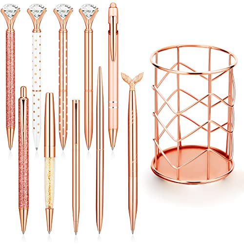 10 Pcs Ballpoint Pen Cute Rose Gold Pens Diamond Pen Liquid Sand Glitter Pen with Pen Holder Pencil Cup Make up Brush Holder Rose Gold Office Supplies for Women Wedding Office Rose Gold Desk Supplies