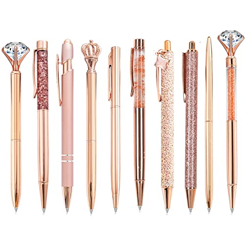 HLPHA 10 Pcs Rose Gold Ballpoint Pen Set Crystal Diamond Metal Liquid Sand Glitter Retractable Pens Black Ink Fancy Gifts for Women Wedding School Office Ballpoint Pens（Rose Gold）