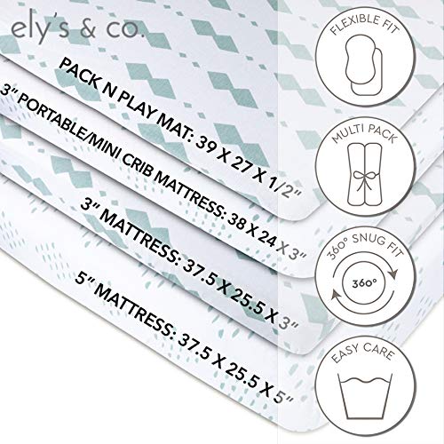 Ely's & Co. Pack N Play Fitted Playard Sheets - Breathable 100% Jersey Knit Cotton - Unisex Mini Crib Mattress Cover - Grey Sage Diamond - 2 Pack Set