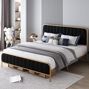 HITHOS King Size Bed Frame, Upholstered Bed Frame with Button Tufted Headboard, Heavy Duty Metal Mattress Foundation with Wooden Slats, Easy Assembly, No Box Spring Needed (Golden/Black, King)