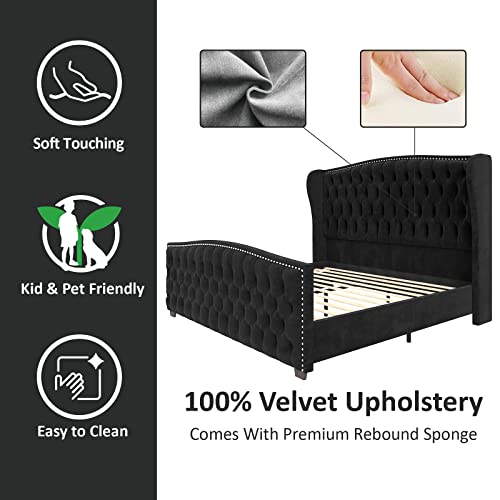 AMERLIFE Queen Size Platform Bed Frame, Velvet Upholstered Bed with Deep Button Tufted & Nailhead Trim Wingback Headboard/No Box Spring Needed/Black