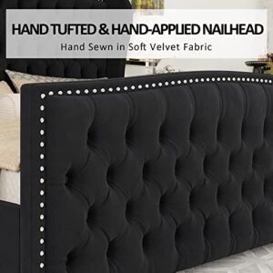 AMERLIFE Queen Size Platform Bed Frame, Velvet Upholstered Bed with Deep Button Tufted & Nailhead Trim Wingback Headboard/No Box Spring Needed/Black