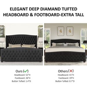 AMERLIFE Queen Size Platform Bed Frame, Velvet Upholstered Bed with Deep Button Tufted & Nailhead Trim Wingback Headboard/No Box Spring Needed/Black