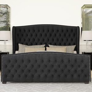 AMERLIFE Queen Size Platform Bed Frame, Velvet Upholstered Bed with Deep Button Tufted & Nailhead Trim Wingback Headboard/No Box Spring Needed/Black